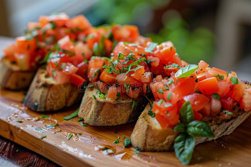 Bruschetta with Tomato- Basil- Garlic and White Bread Stock Image ...