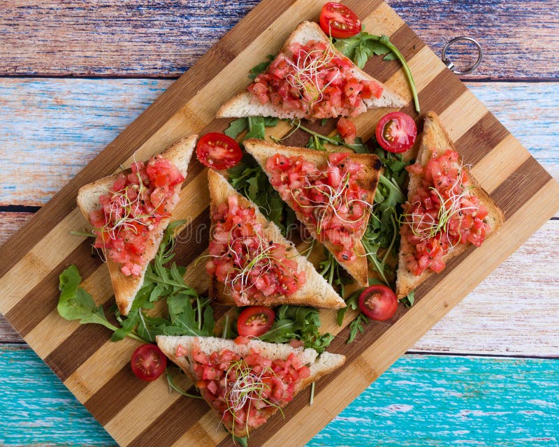 Bruschetta with Tomato Basil and Rucola Stock Image - Image of diet ...
