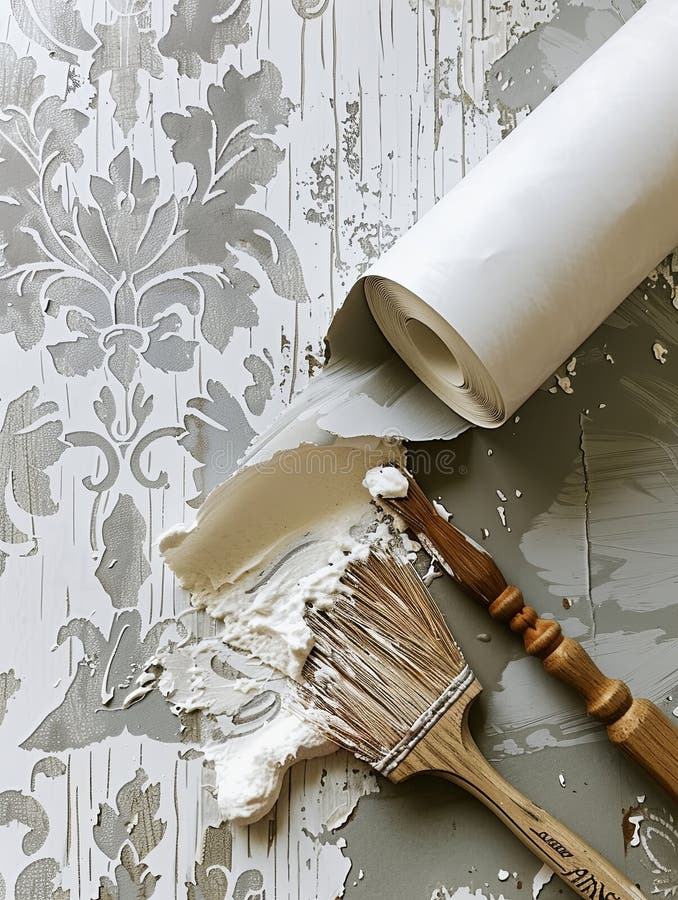 A Brush and Adhesive Rest on a Partially Applied Wallpaper Roll ...