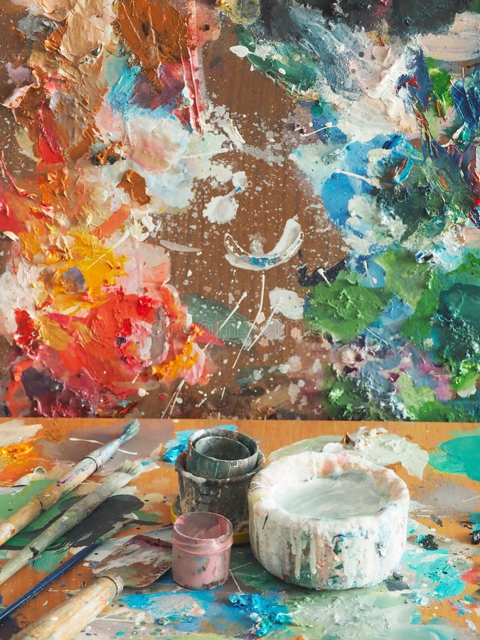 Brush and Bright Oil-paint Palette for Background Stock Photo - Image ...