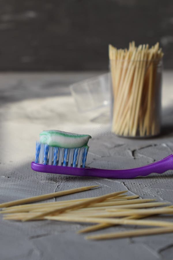 Toothbrush with Toothpaste and Toothpicks Stock Photo - Image of ...