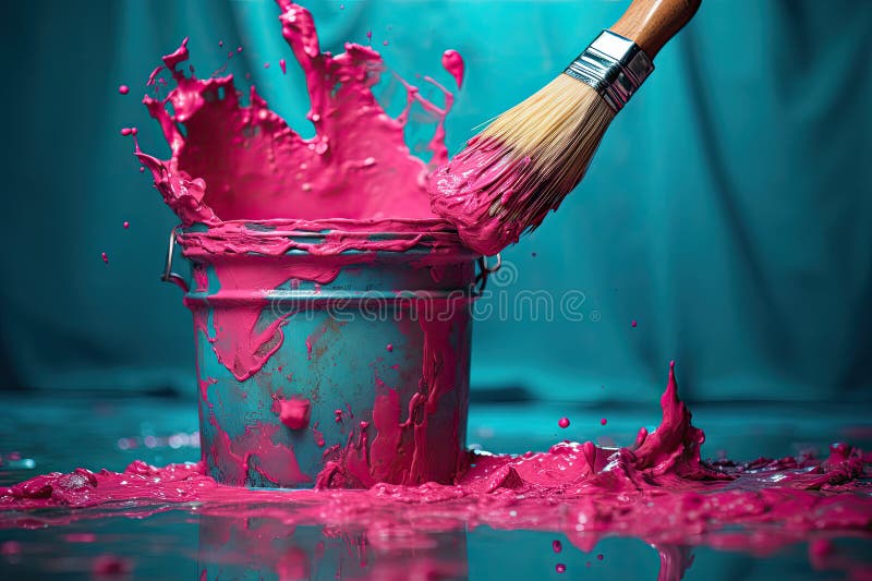 A Brush and a Bucket with Red Splashing Paint on a Blue Background ...