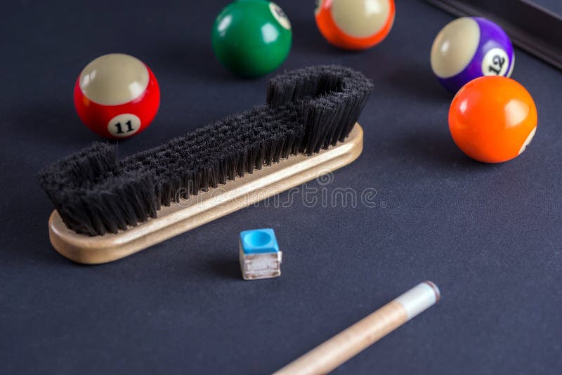 Brush for Cleaning of Billiard Table with Cue and Balls. Stock Photo ...