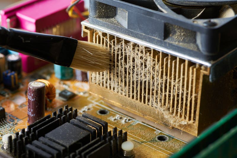 Brush Cleaning an Old Computer Board from Dust and Dirt. Close-up ...