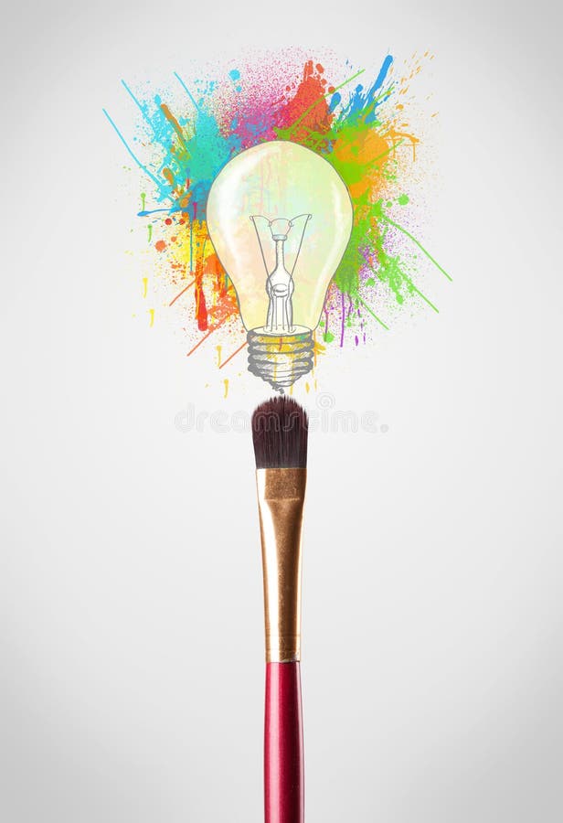 Brush Close-up with Colored Paint Splashes and Lightbulb Stock Photo ...