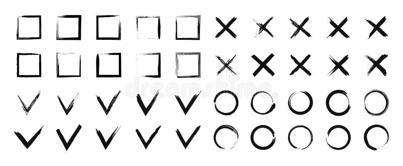 Brush Ink Stroke. Black Cross, Check Mark, Circle and Rectangle. Grunge ...