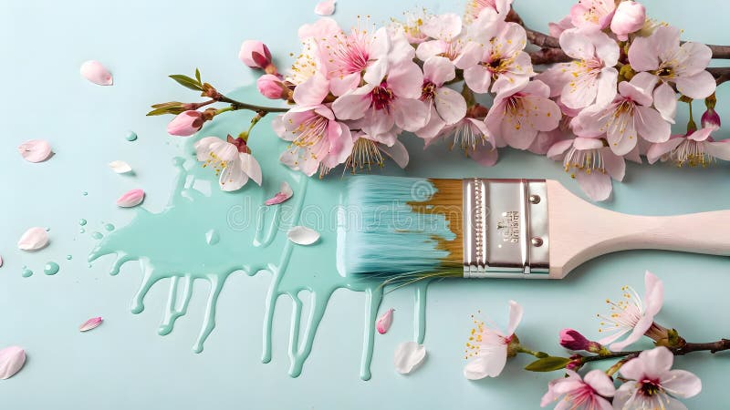 Brush with Mint Paint and Spring Cherry Branch with White Blossom Stock ...