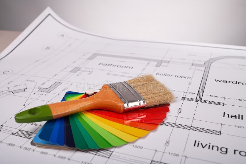 Brush and Paint Samples on Construction Drawings Stock Image - Image of ...