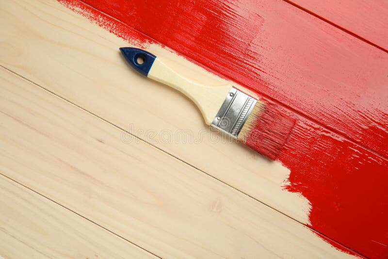 Brush on Red Painted Wooden Surface, Top View. Space for Text Stock ...