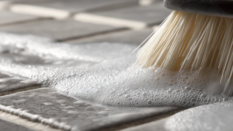 A Brush Scrubs a Tiled Surface Covered in Soap Suds, Demonstrating a ...