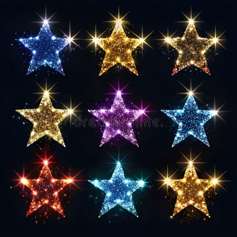 Brush Stroke Sparkle Stars Set in Different Color Stock Illustration ...