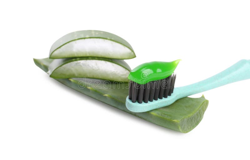 Brush with Toothpaste and Green Aloe Leaves on White Background Stock ...