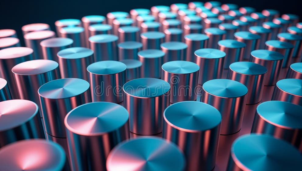 Brushed Metal Cylinders Forming a Grid Pattern Under Pink and Blue ...