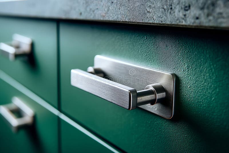 Brushed Steel Kitchen Drawer Handle on Matte Green Cabinet Stock Image ...
