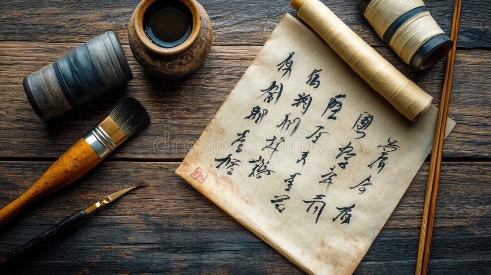 Traditional Calligraphy Tools and Artwork on a Wooden Table in the ...