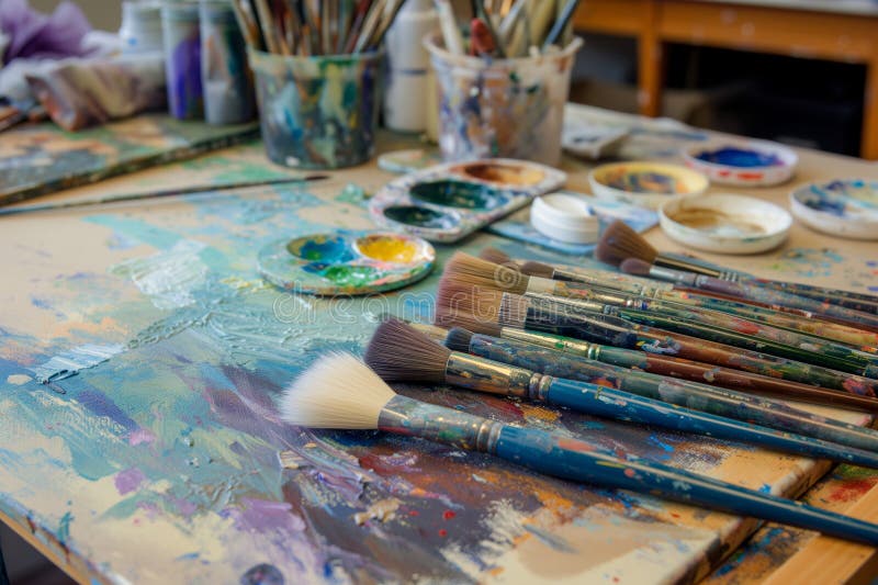Brushes and Palettes on Artists Work Table Stock Photo - Image of color ...