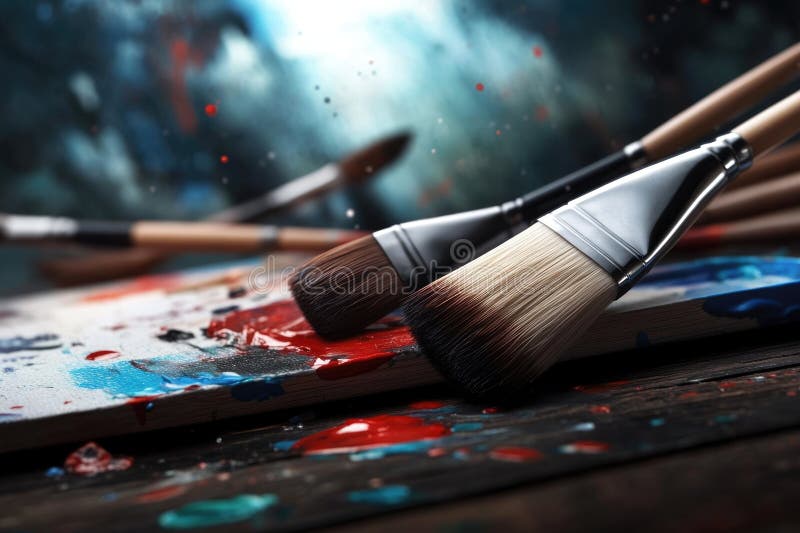 Brushes Rest on a Palette Filled with Bright Colors, Showcasing the ...