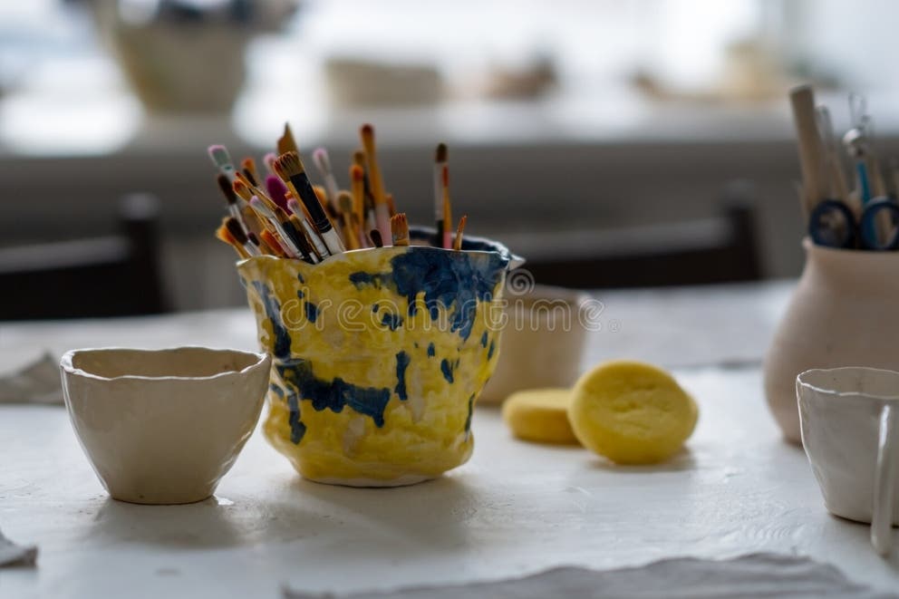 Brushes, Stacks and Styluses for Creativity in a Clay Pot Stock Image - Image of creative ...