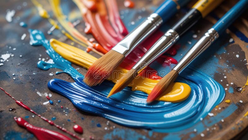 Brushes and Vibrant Paint Colors on Wooden Surface Stock Illustration ...