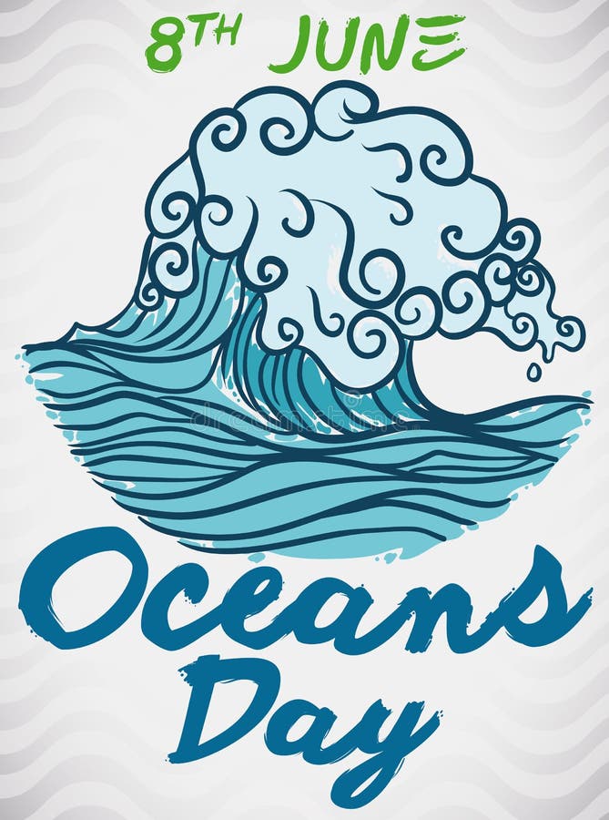 Wave In Hand Drawn Style For World Oceans Day Vector Illustration