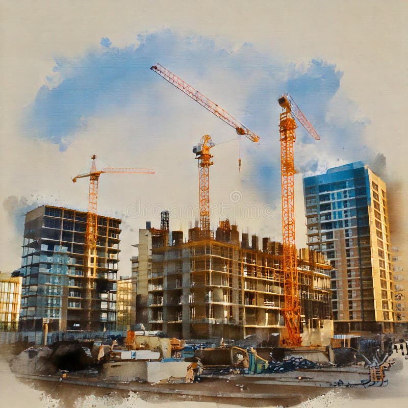 Brushstrokes of Progress: Watercolor Construction Scene with Cranes and ...