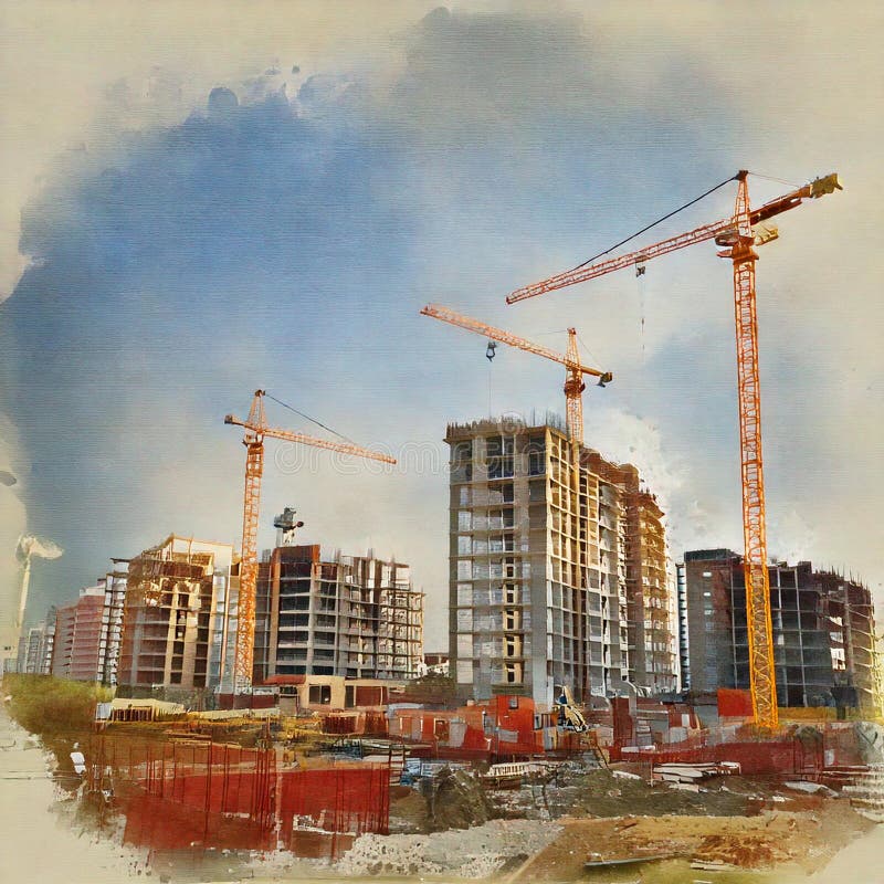 Brushstrokes of Progress: Watercolor Construction Scene with Cranes and ...