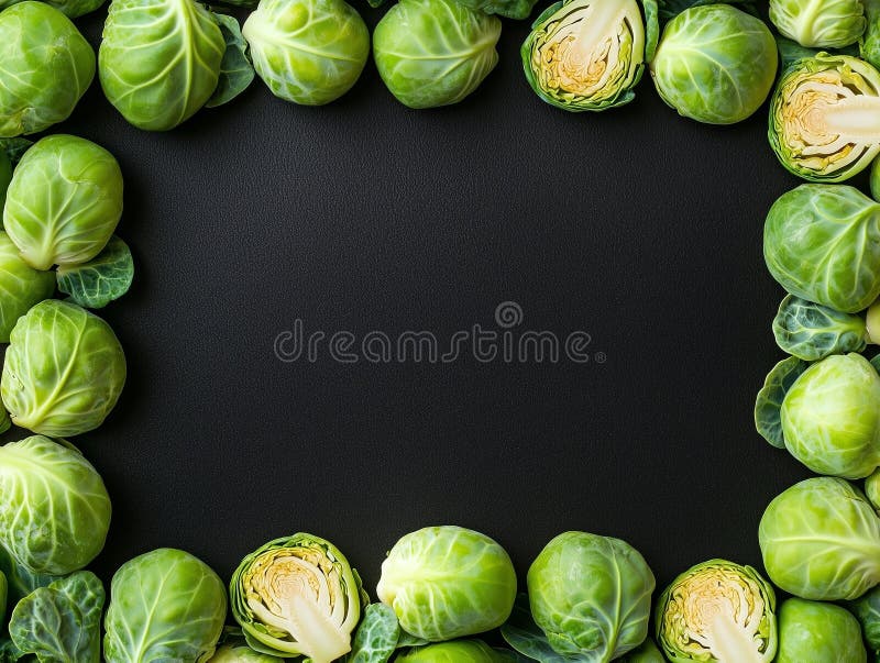 Brussels Sprouts Arranged in a Frame on a Black Background with Empty ...