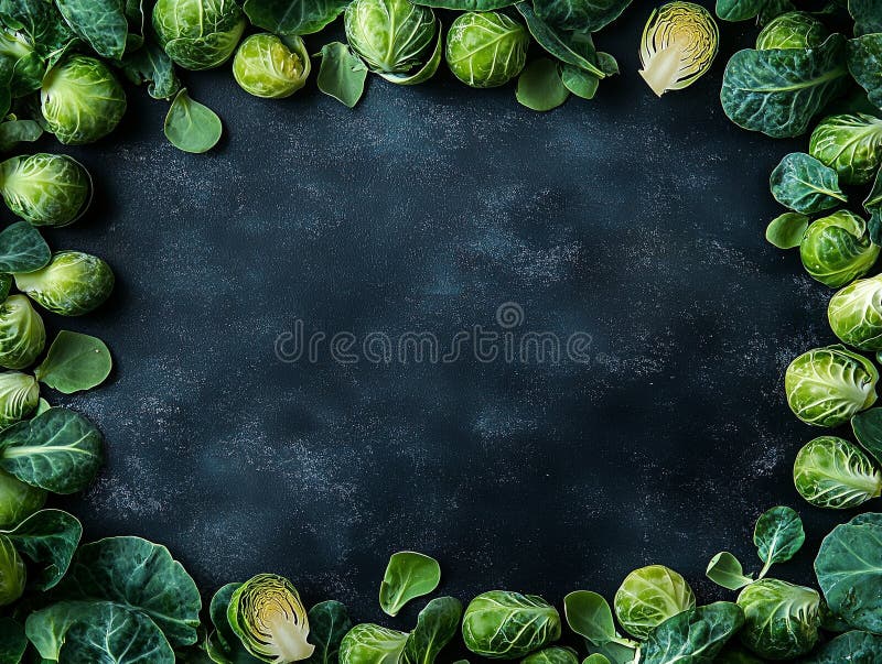 Brussels Sprouts Arranged in a Frame on a Dark Slate with Empty Space ...