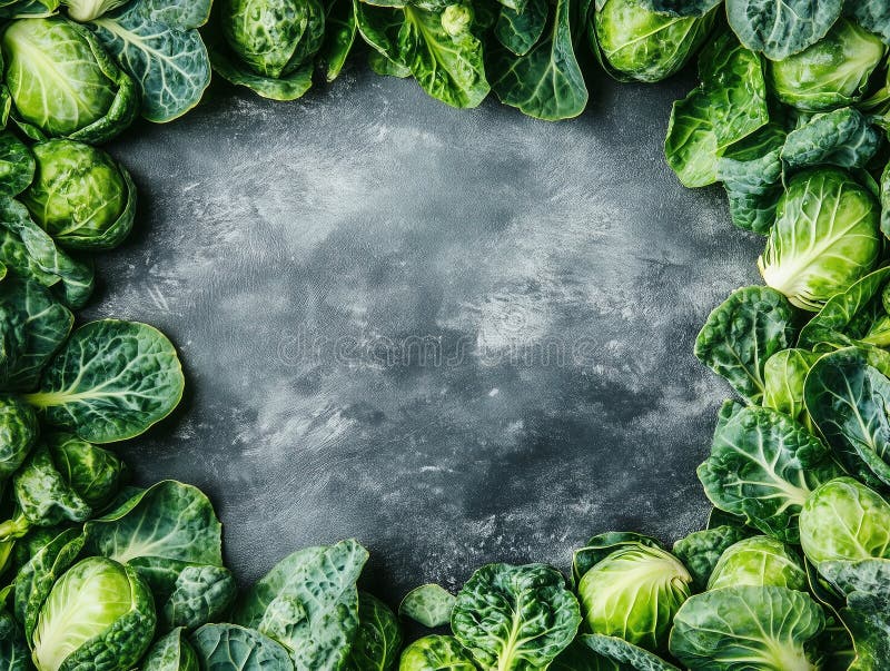 Brussels Sprouts Arranged in a Frame on a Dark Slate with Empty Space ...