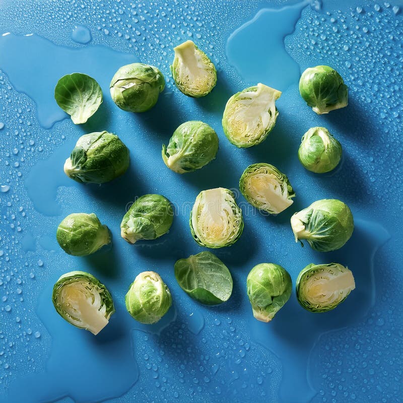 Brussels Sprouts Floating on Blue Clear Water with Glittering Droplets ...