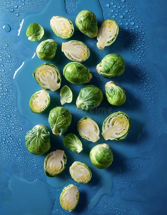 Brussels Sprouts Floating on Blue Clear Water with Glittering Droplets ...