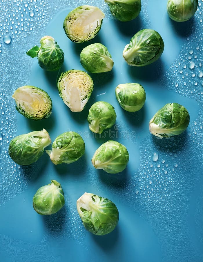 Brussels Sprouts Floating on Blue Clear Water with Glittering Droplets ...
