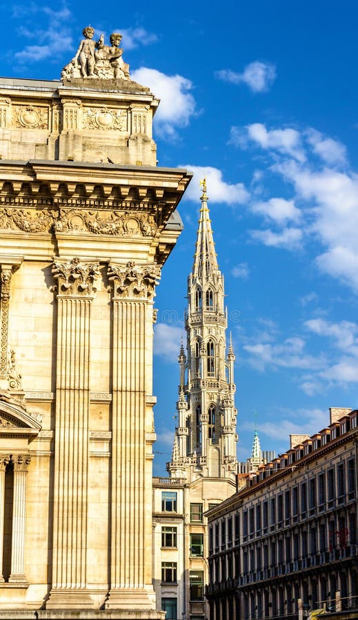 Brussels Stock Exchange and Tower of City Hall Stock Photo - Image of ...