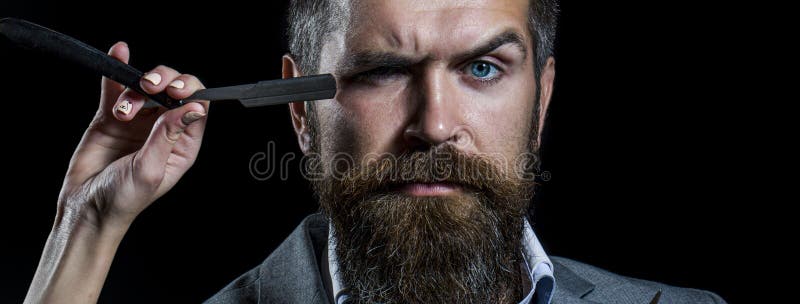 Brutal Guy, Straight Razor. Bearded Client Visiting Barber Shop. Barber ... Brutal Guy, Straight Razor. Bearded Client Visiting Barber Shop. Barber ...