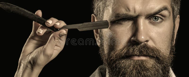 Brutal Guy, Straight Razor. Bearded Client Visiting Barber Shop. Barber ... Brutal Guy, Straight Razor. Bearded Client Visiting Barber Shop. Barber ...