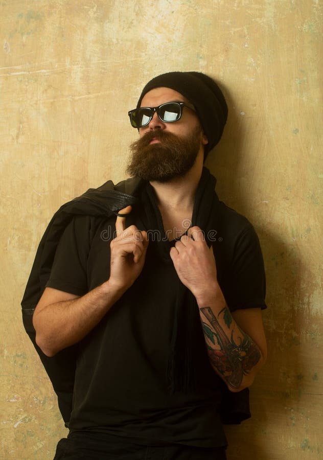 Brutal Man Handsome Serious Male Model Bearded Hipster Stock Image