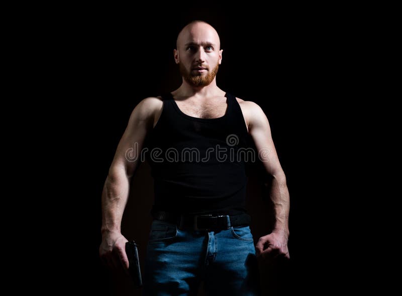 Brutal Man Handsome Serious Male Model With Makarov Pistol Gangster