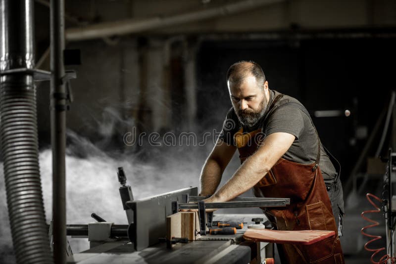 Brutal Master Carpenter Saws Wood Blanks on Machine in Workshop Stock ...