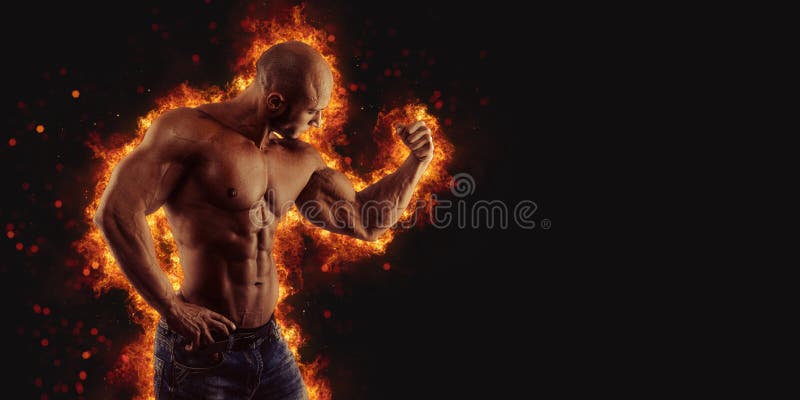 Brutal Strong Athletic Bodybuilder Posing. Fire and Spark Explosion in ...