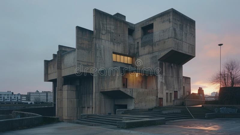 Brutalist Building at Dusk, Showcasing Its Raw Concrete Structure ...
