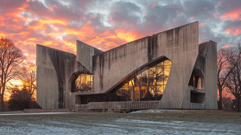 Brutalist Building at Dusk, Showcasing Its Raw Concrete Structure ...