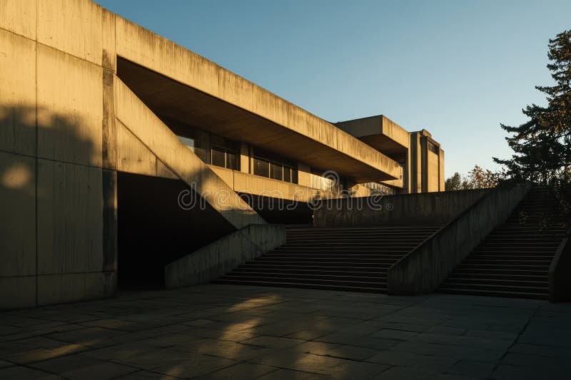 A Brutalist Building at Sunset, with Sharp Angular Lines, Heavy ...