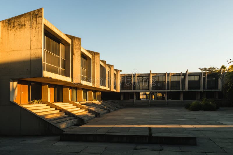 A Brutalist Building at Sunset, with Sharp Angular Lines, Heavy ...