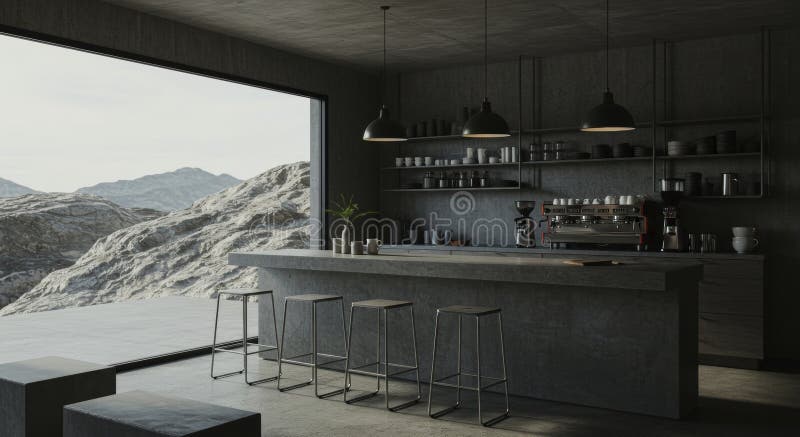 Brutalist Cafe Interior with Concrete Bar and View of Rocky Landscape ...