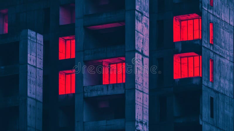 Brutalist Cityscape Illuminated by Red Windows at Night with Deep ...
