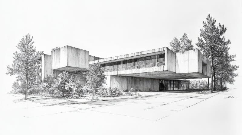 Brutalist Concrete Building, Architectural Sketch, Modern Design ...