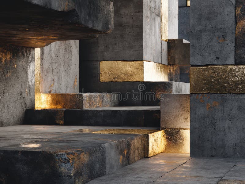 Brutalist Concrete Geometry with Golden Light in Architectural Blocks ...