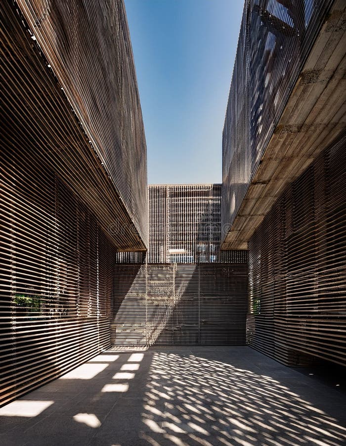 Brutalist Courtyard with Artistic Shadow Grid Stock Image - Image of ...