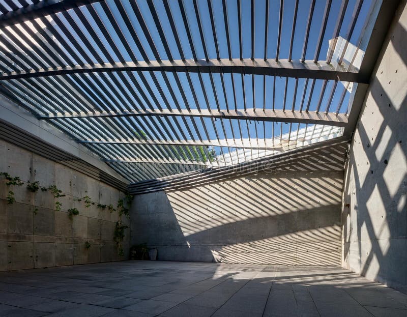 Brutalist Courtyard with Artistic Shadow Grid Stock Photo - Image of ...