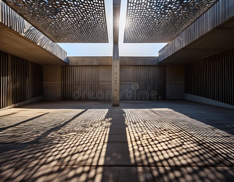 Brutalist Courtyard with Artistic Shadow Grid Stock Photo - Image of ...